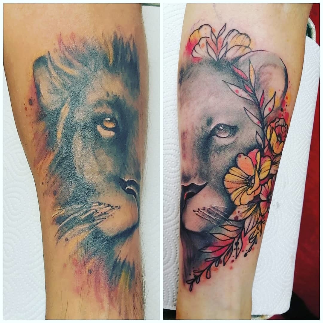 Lioness Watercolor Tattoo
