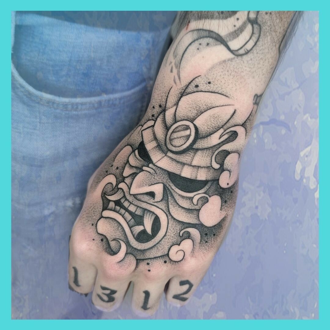 Samurai Mask Hand Tattoo